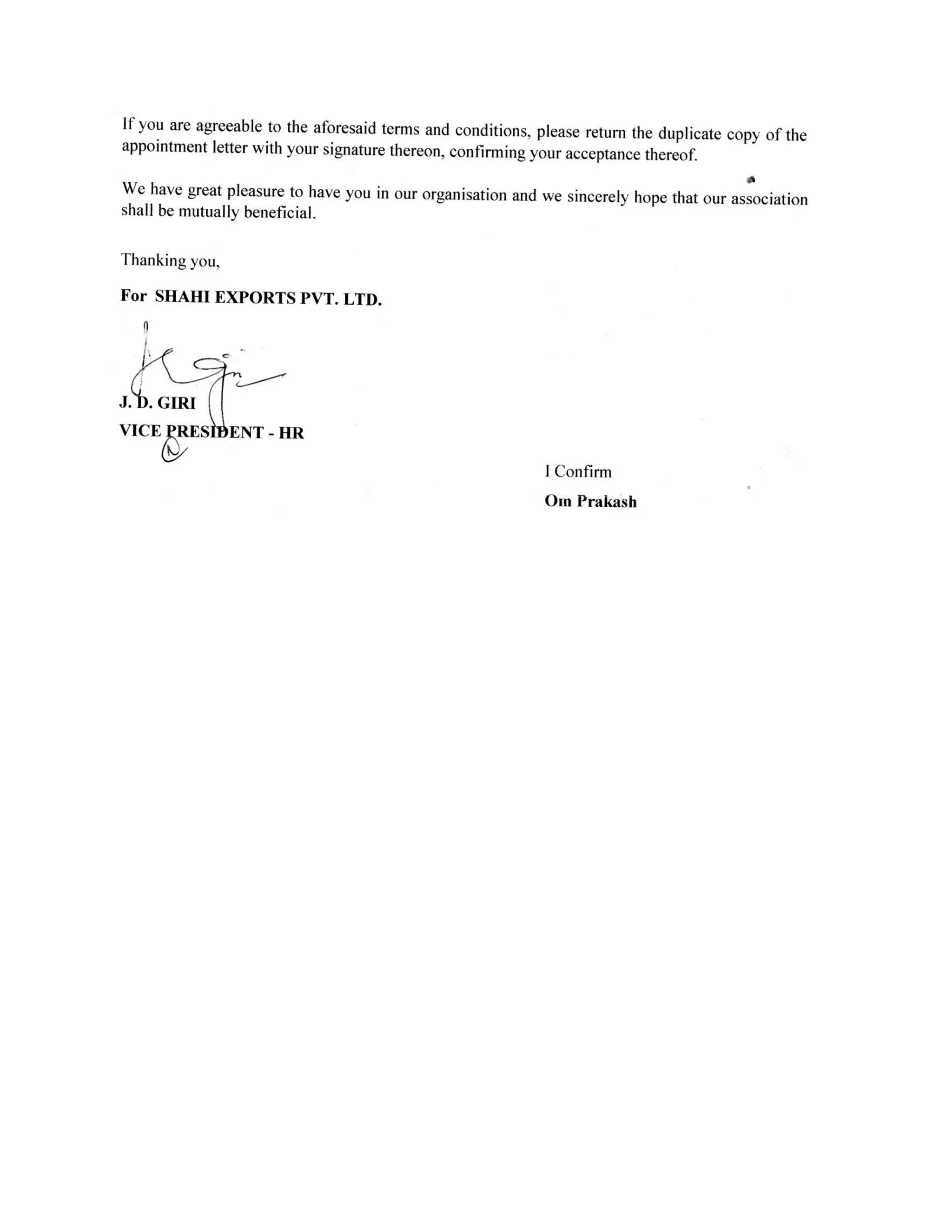 appointment letter_Shahi Export Pvt Ltd | PDF