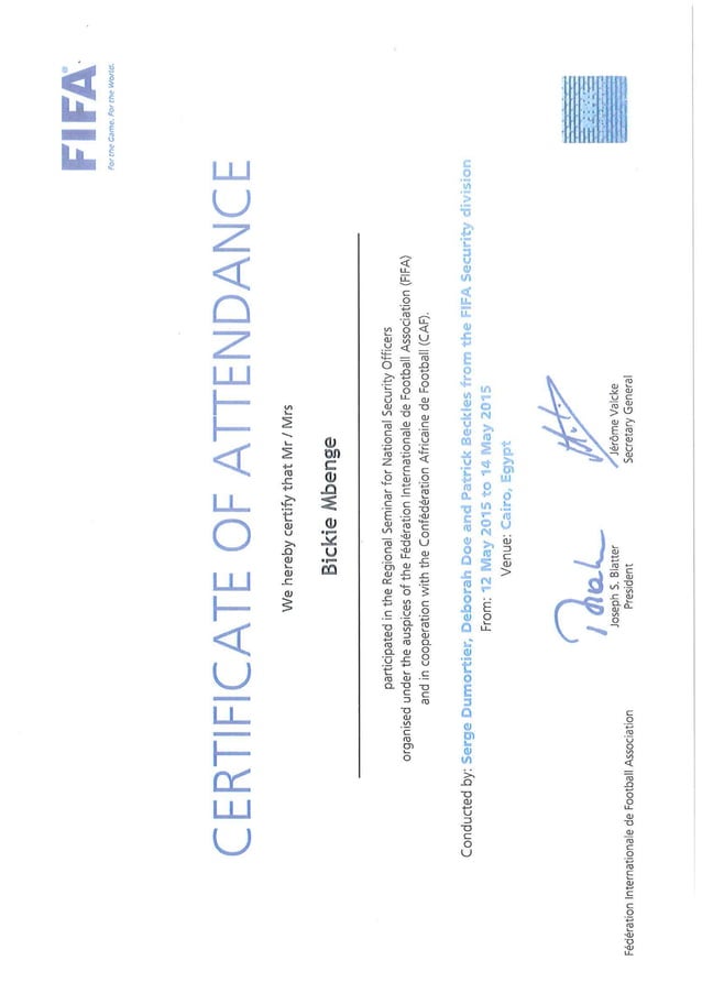 FIFA Competency Certificate -Bickie Mbenge | PDF