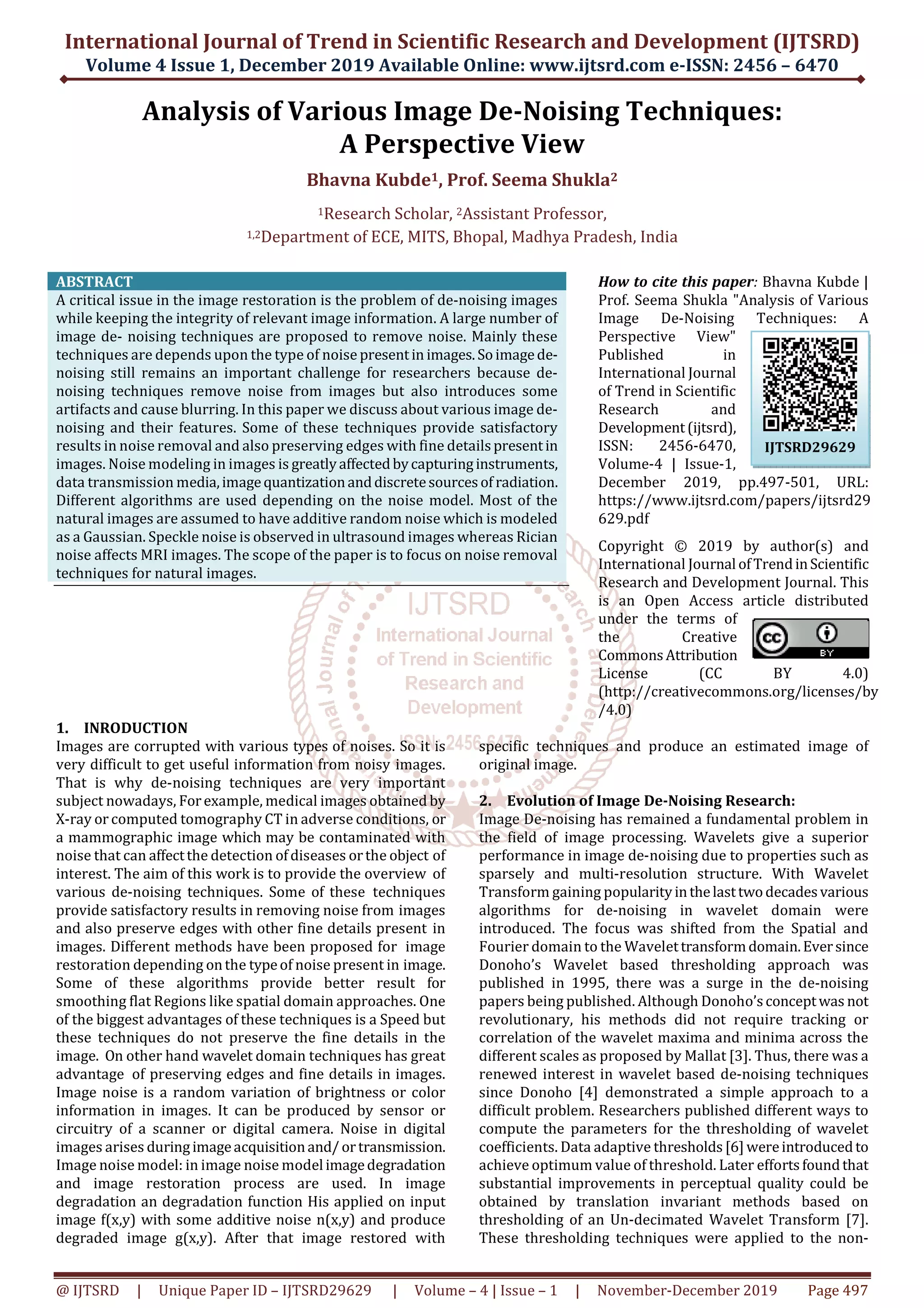 Analysis of Various Image De-Noising Techniques: A Perspective View | PDF