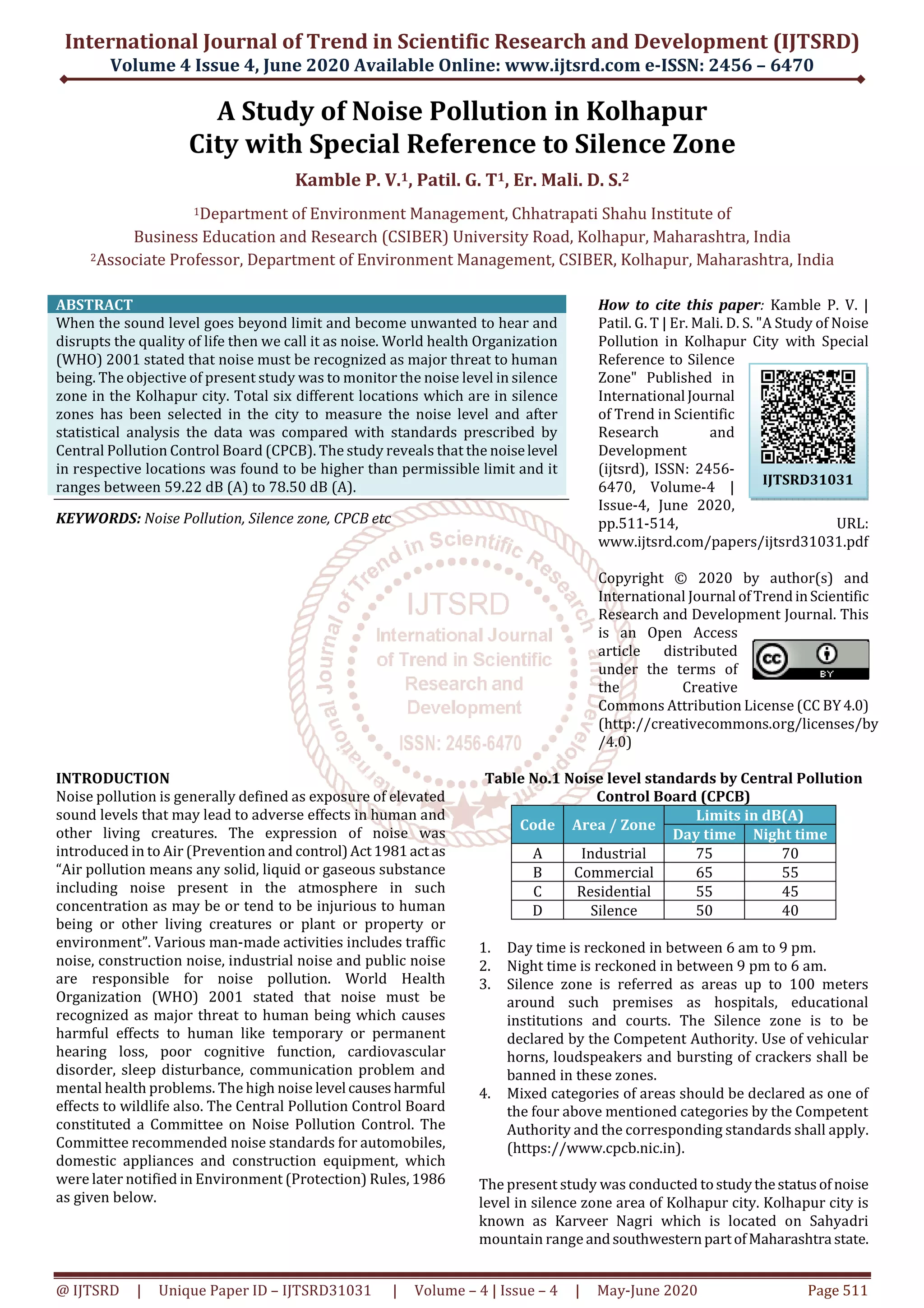 A Study of Noise Pollution in Kolhapur City with Special Reference to ...