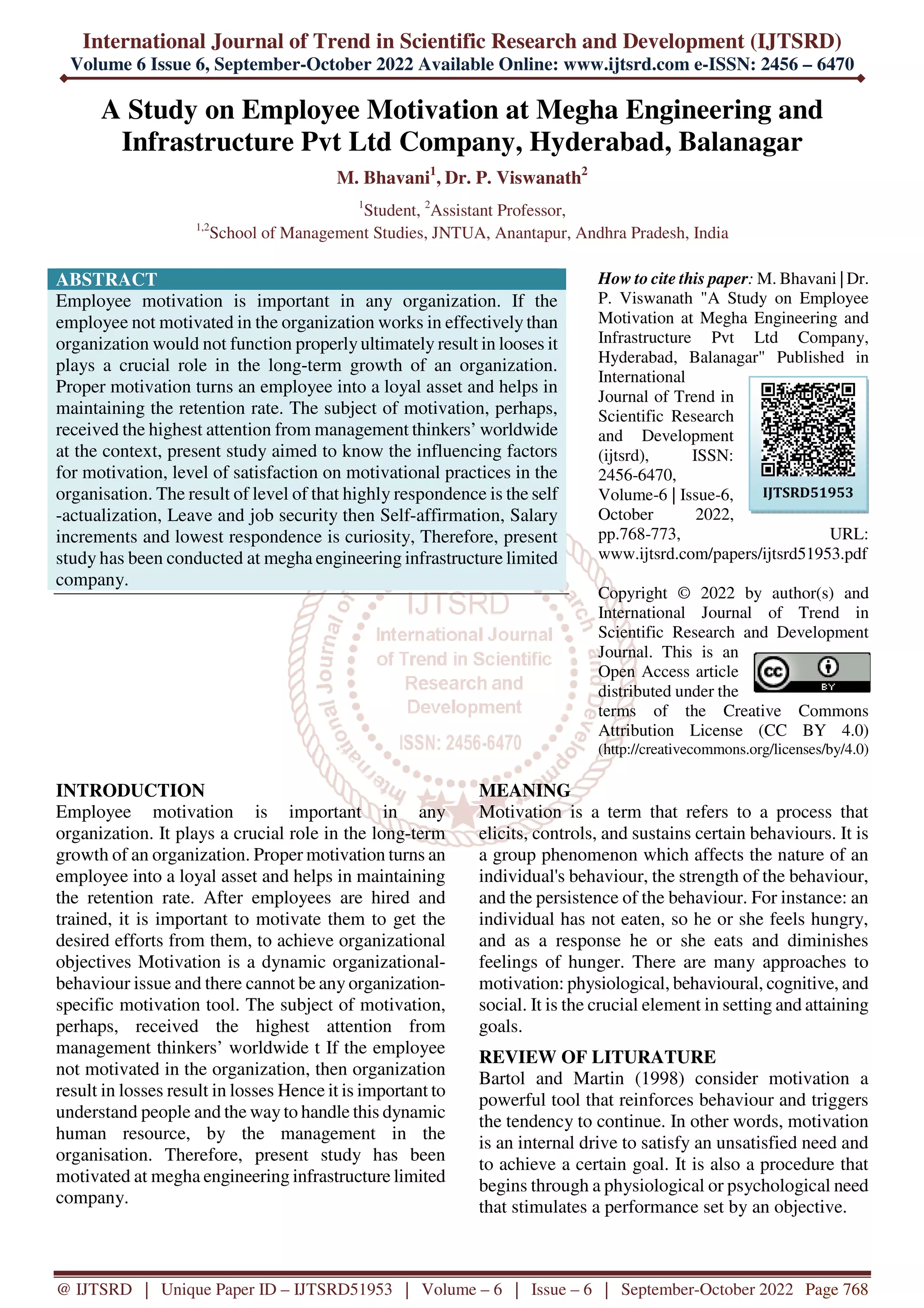 A Study on Employee Motivation at Megha Engineering and Infrastructure ...