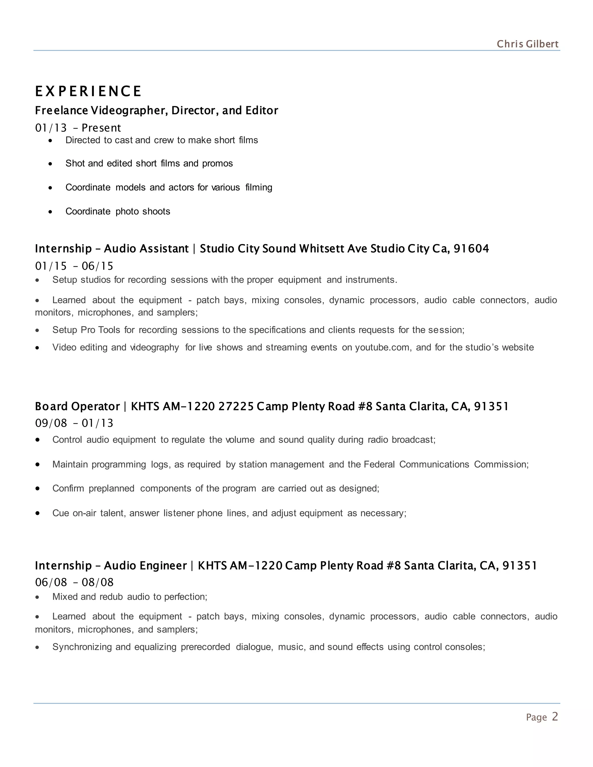 Chris Gilbert Resume | DOCX | Audio Production | Content Production