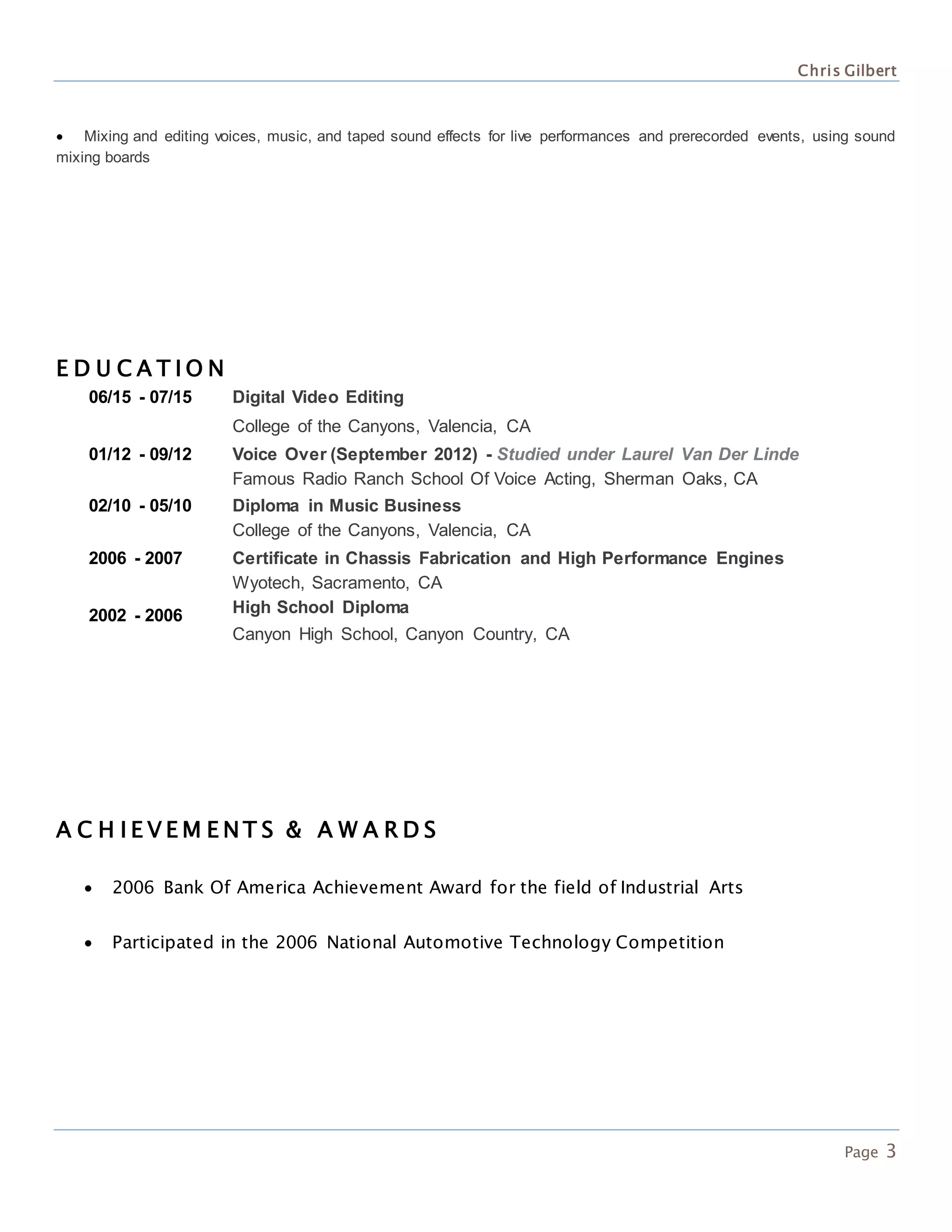 Chris Gilbert Resume | DOCX | Audio Production | Content Production