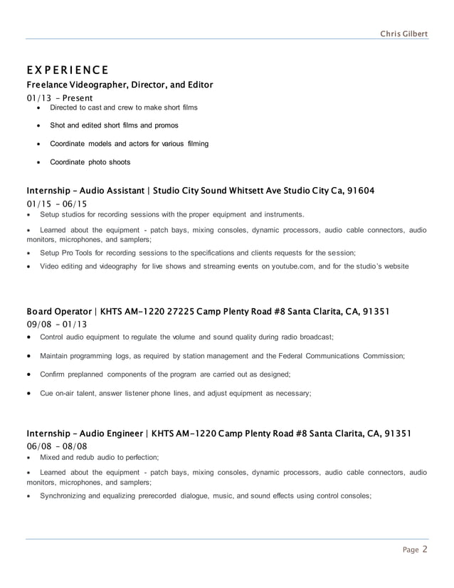 Chris Gilbert Resume | DOCX | Audio Production | Content Production