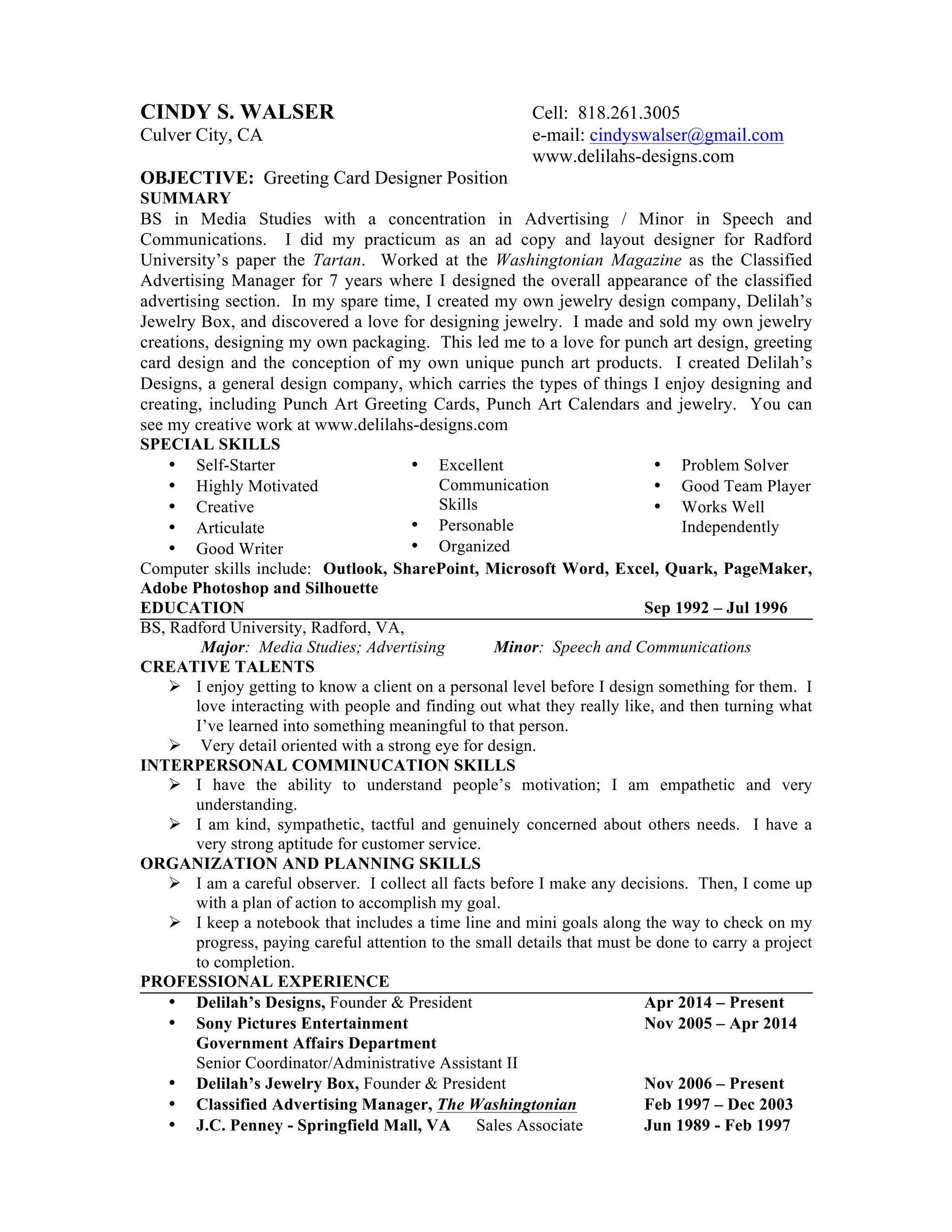 Cindy Walser - Functional Resume with personal achievements | PDF