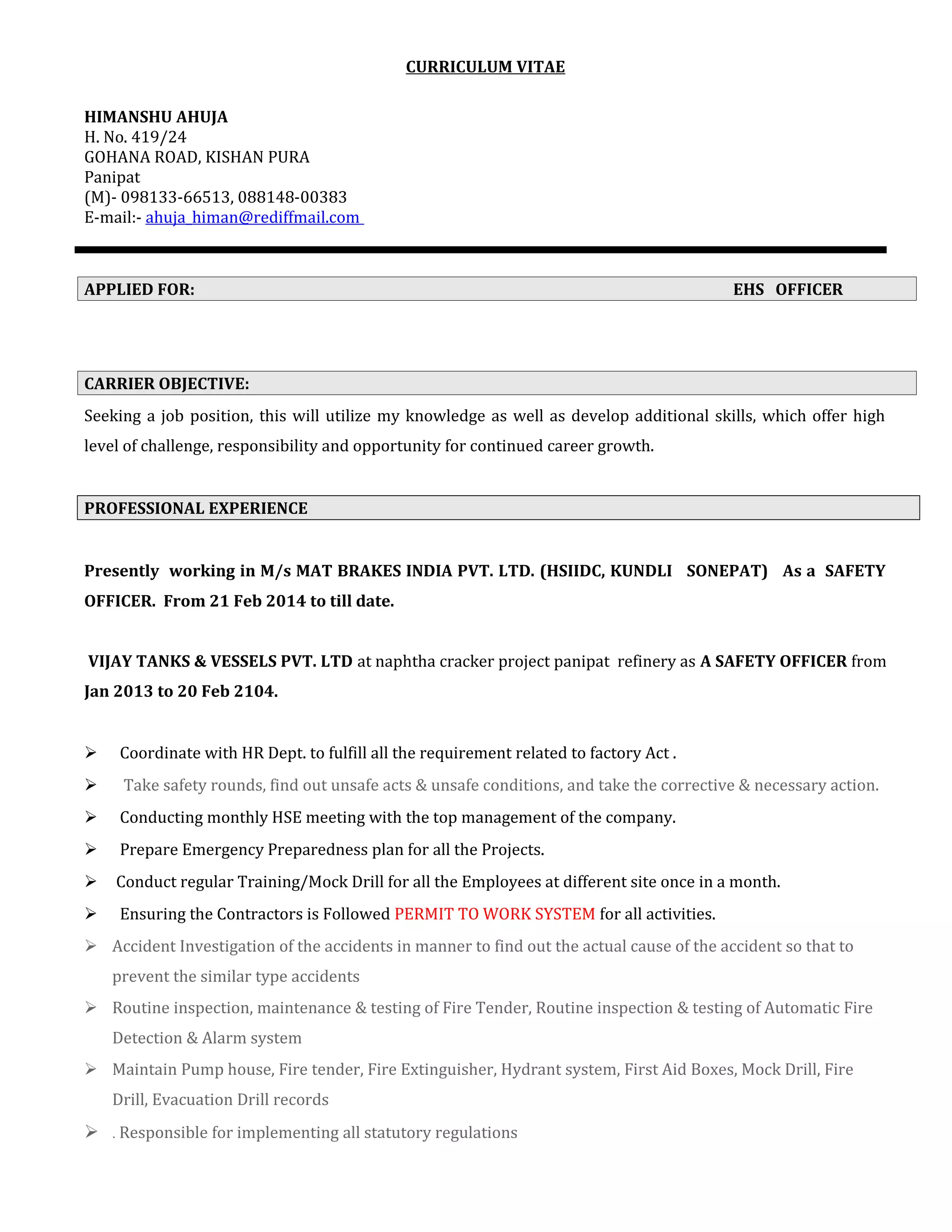 HIMANSHU AHUJA (Sr.SAFETY OFFICER) | DOC | Business | Business and Finance