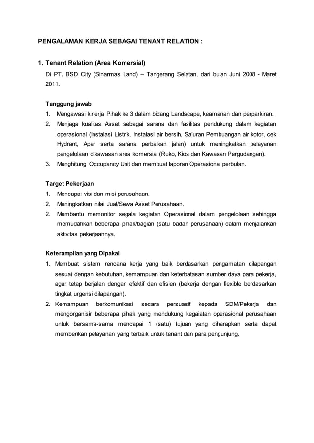 PENGALAMAN KERJA SEBAGAI TENANT RELATION (PT. BSD City) | DOCX