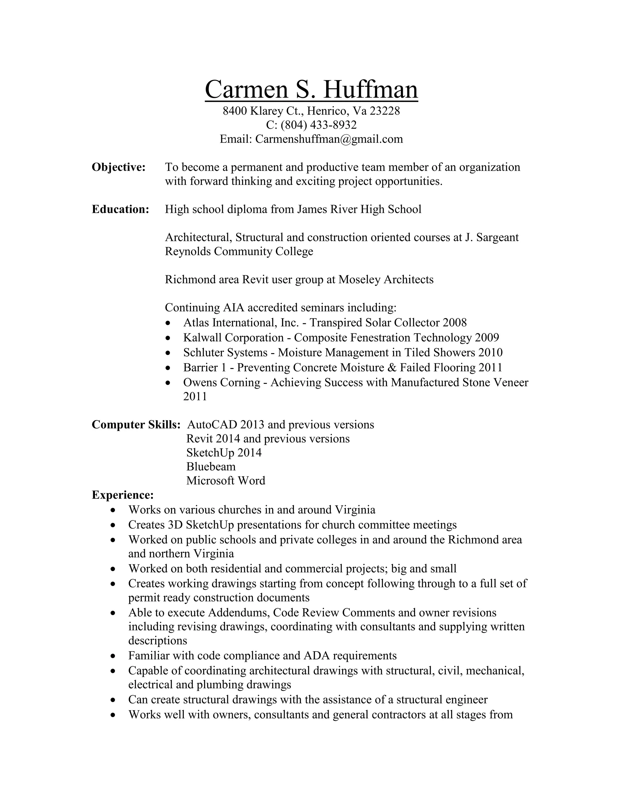 Carmen S Huffman 2015 construction resume | PDF