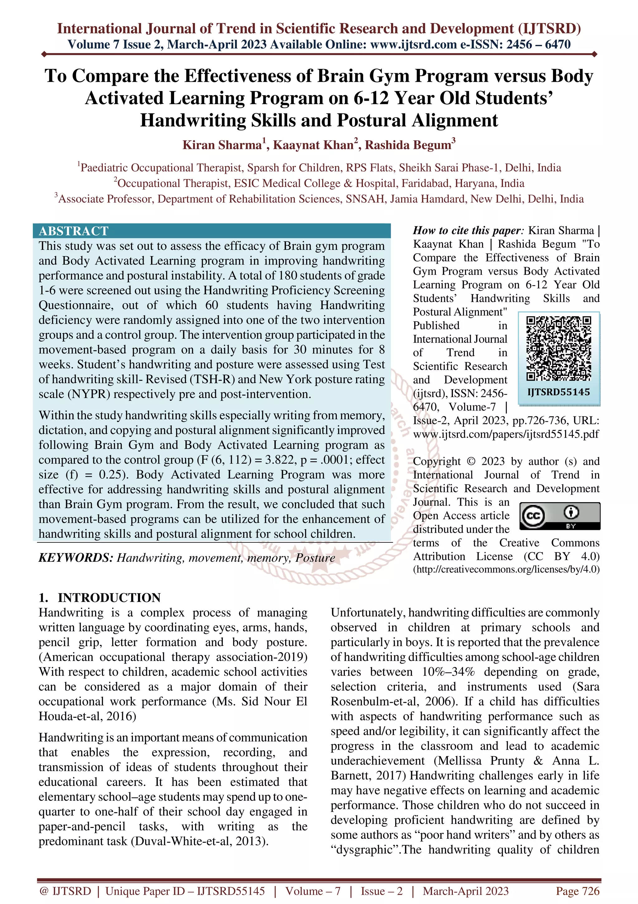 To Compare the Effectiveness of Brain Gym Program versus Body Activated ...