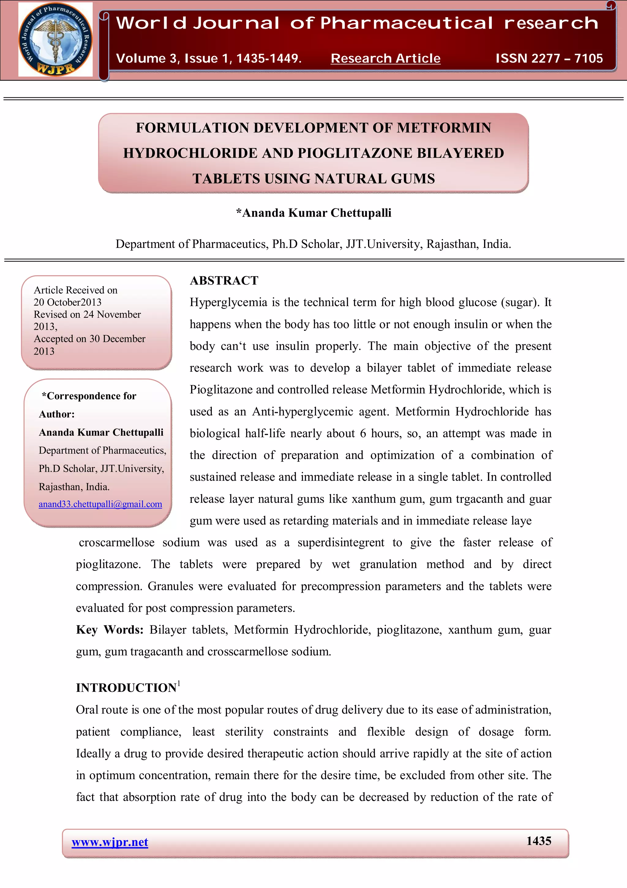 Formulation Development Of Metformin Hydrochloride And Pioglitazone Bilayered Tablets Using