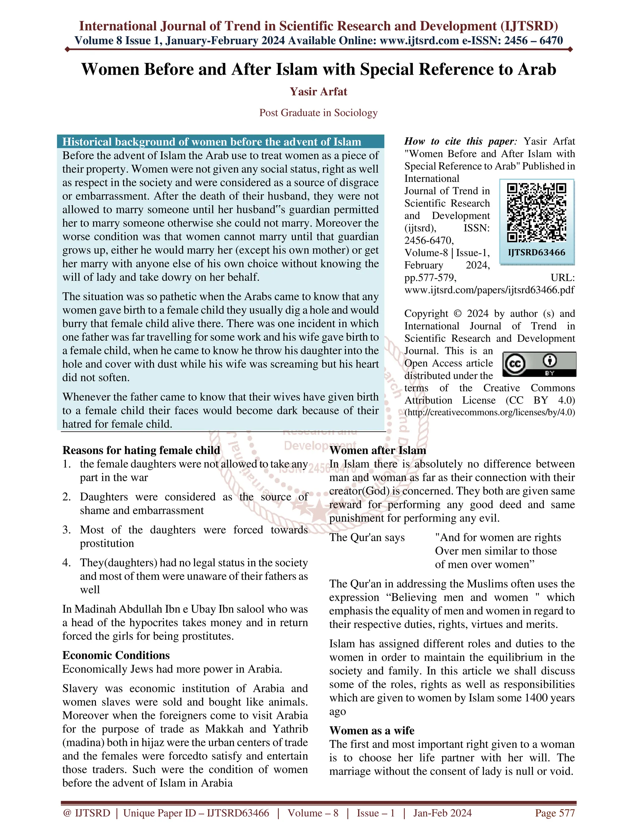 Women Before and After Islam with Special Reference to Arab | PDF