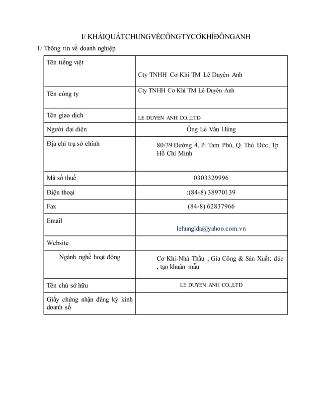 Báo cáo thực tập tốt nghiệp khoa Cơ khí Cty TNHH Cơ Khí TM Lê Duyên Anh | DOC