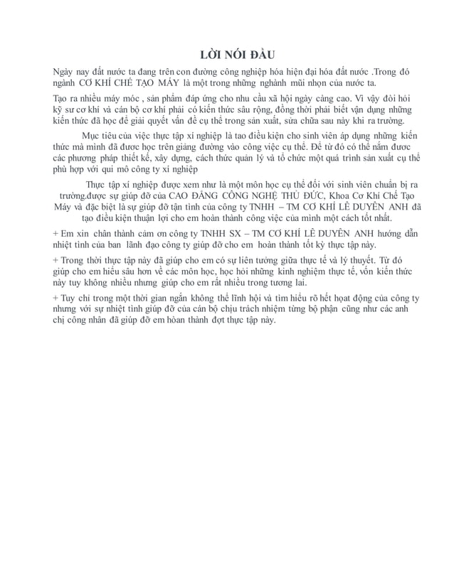 Báo cáo thực tập tốt nghiệp khoa Cơ khí Cty TNHH Cơ Khí TM Lê Duyên Anh | DOC