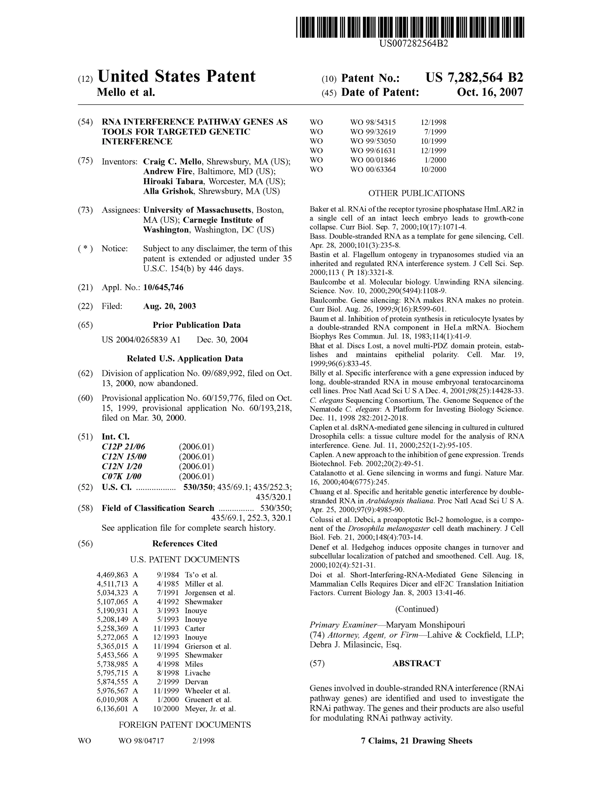 97 craig c. mello - 7282564 - rna interference pathway genes as tools ...