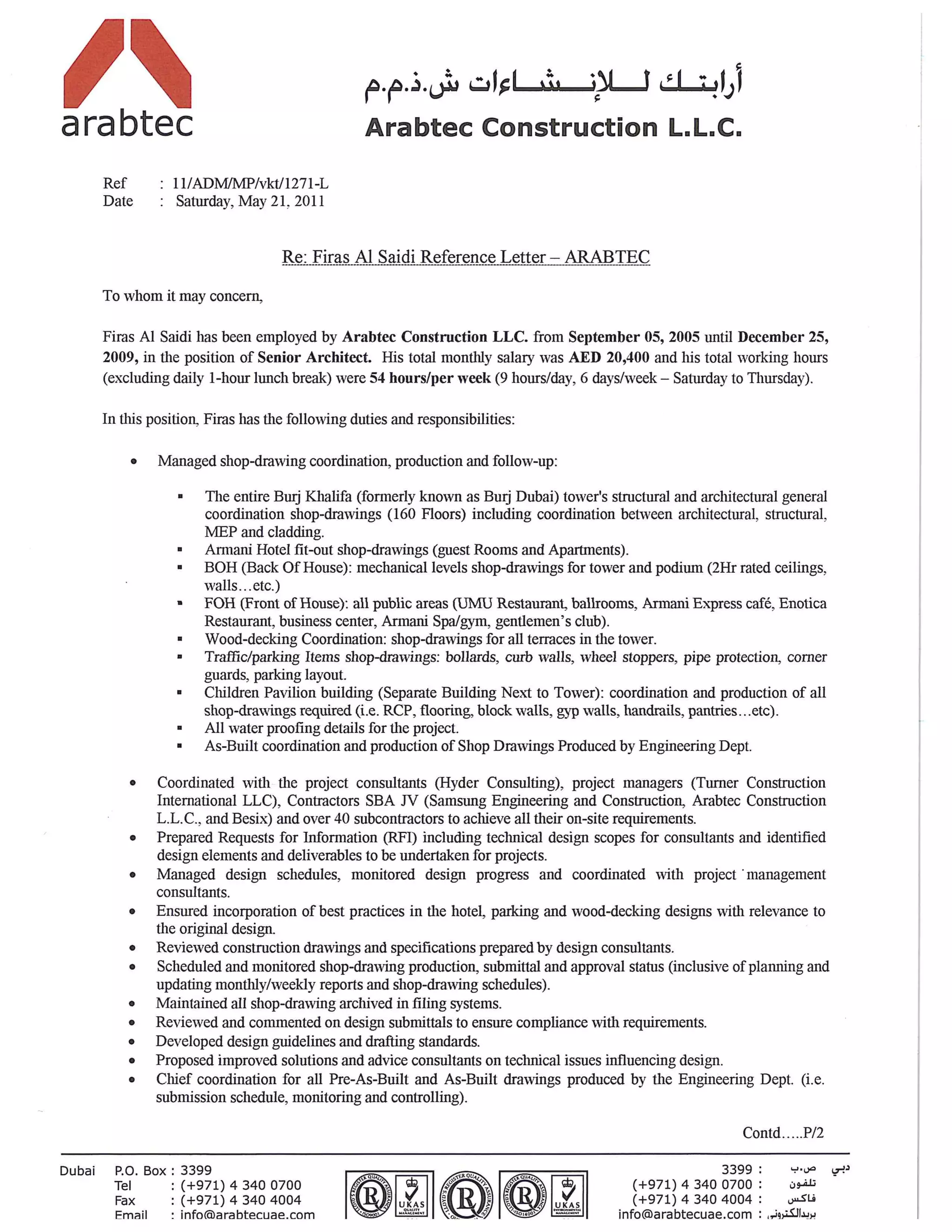 Firas_Arabtec_Reference Letter | PDF