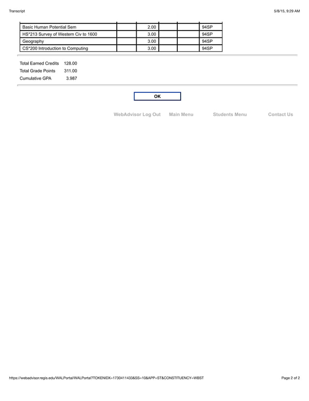 Regis Unnoficial Transcript | PDF | Education