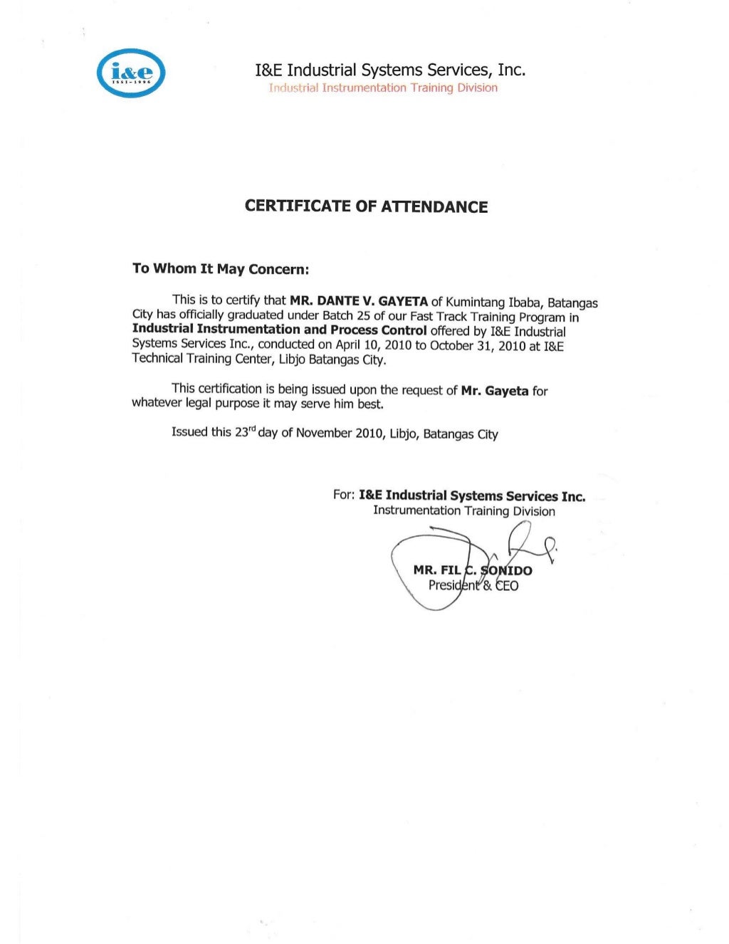 (B)-I&E Industrial Instrumentation & Process Control Training Certificate