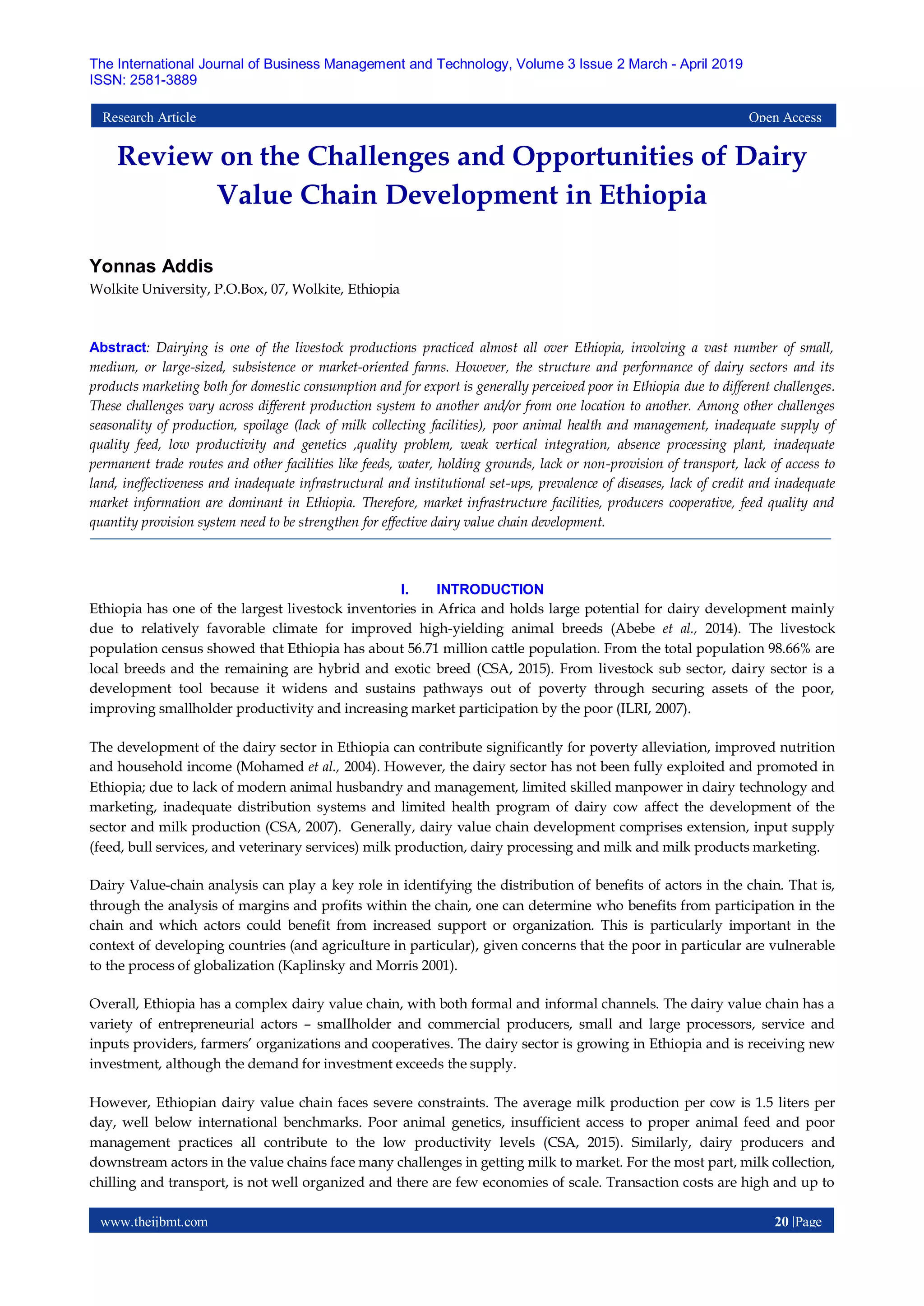 Review on the Challenges and Opportunities of Dairy Value Chain Development in Ethiopia | PDF