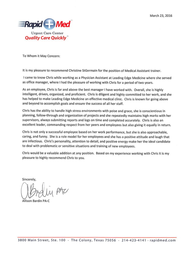 Letter of recommendation from Allison Bardin, PA-C | PDF