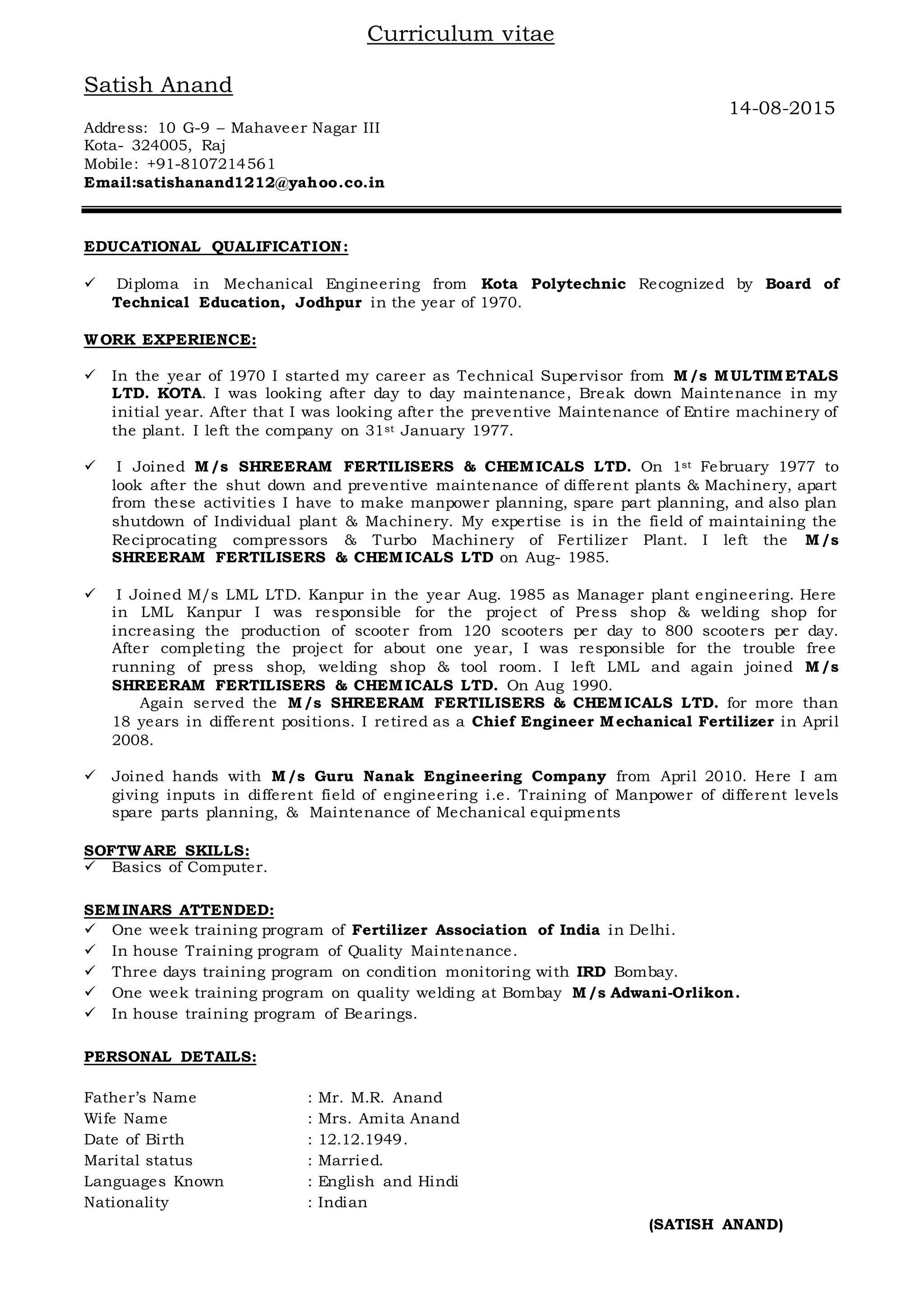 RESUME of Mr. Satish anand. | DOCX