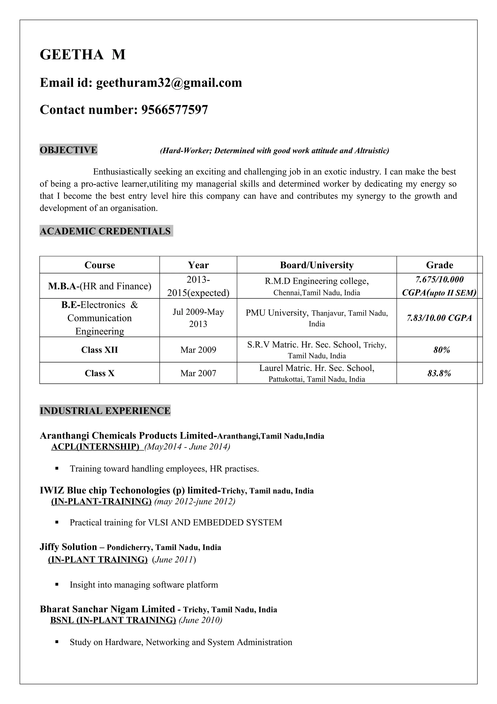 resume of geetha | DOC