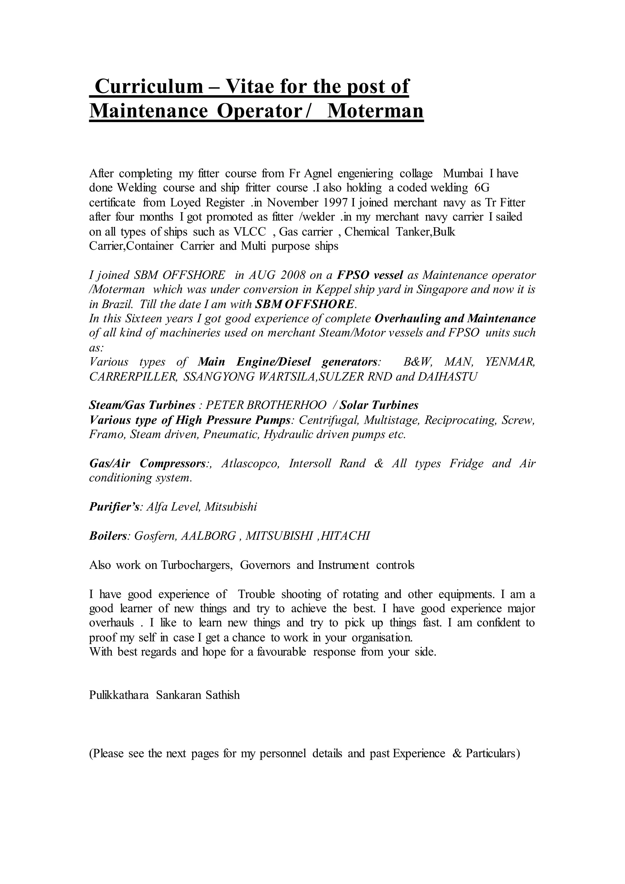 sathish maint -operator CV | DOCX