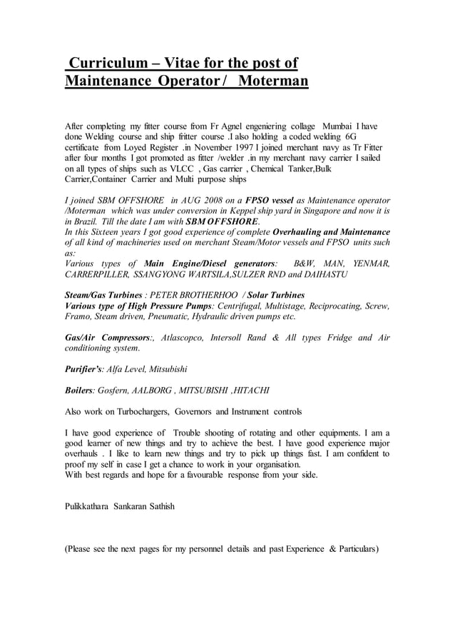sathish maint -operator CV | DOCX | Business | Business and Finance