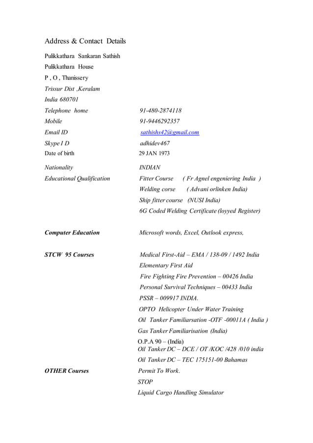 sathish maint -operator CV | DOCX | Business | Business and Finance