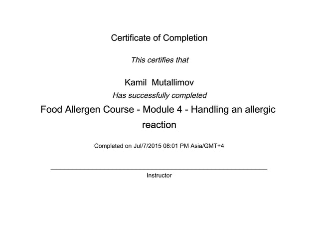 CERTIFICATE_Food Allergen Course - Module 4 | PDF