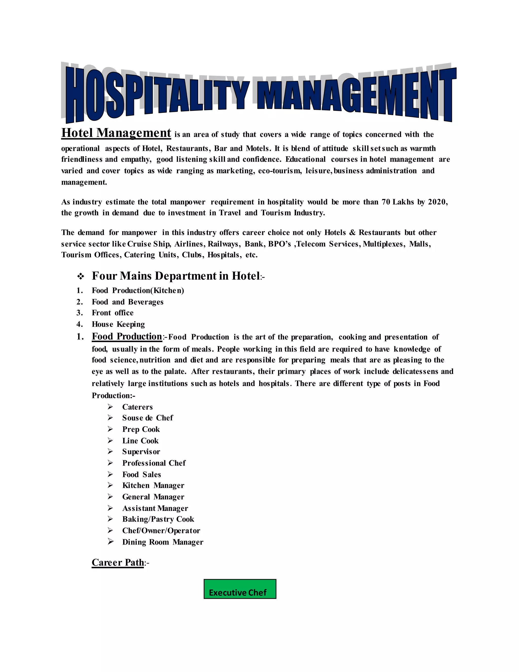 Hospitality Industry Introduction and Career | DOCX