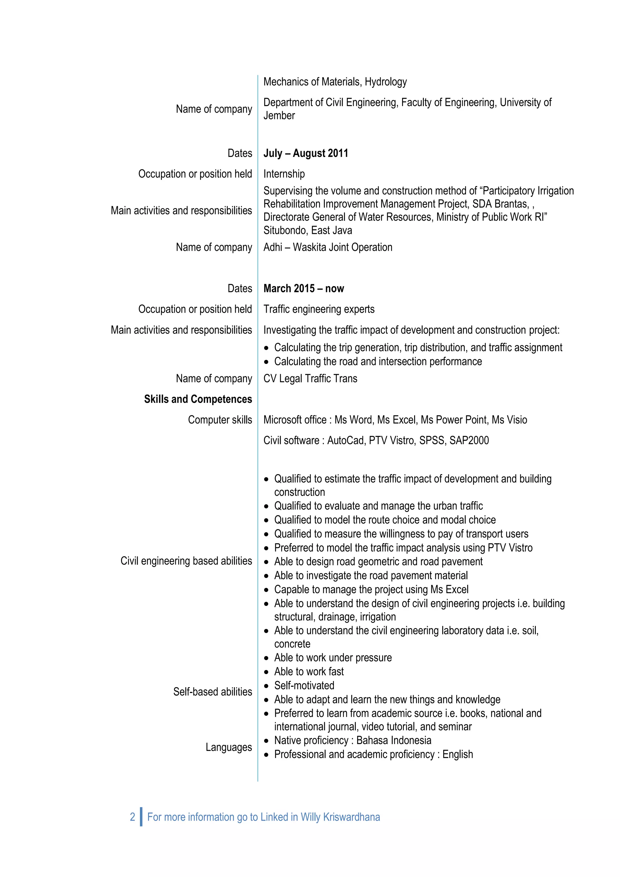 CV (ENG) - WILLY KRISWARDHANA | PDF | Civil Engineering Industry ...