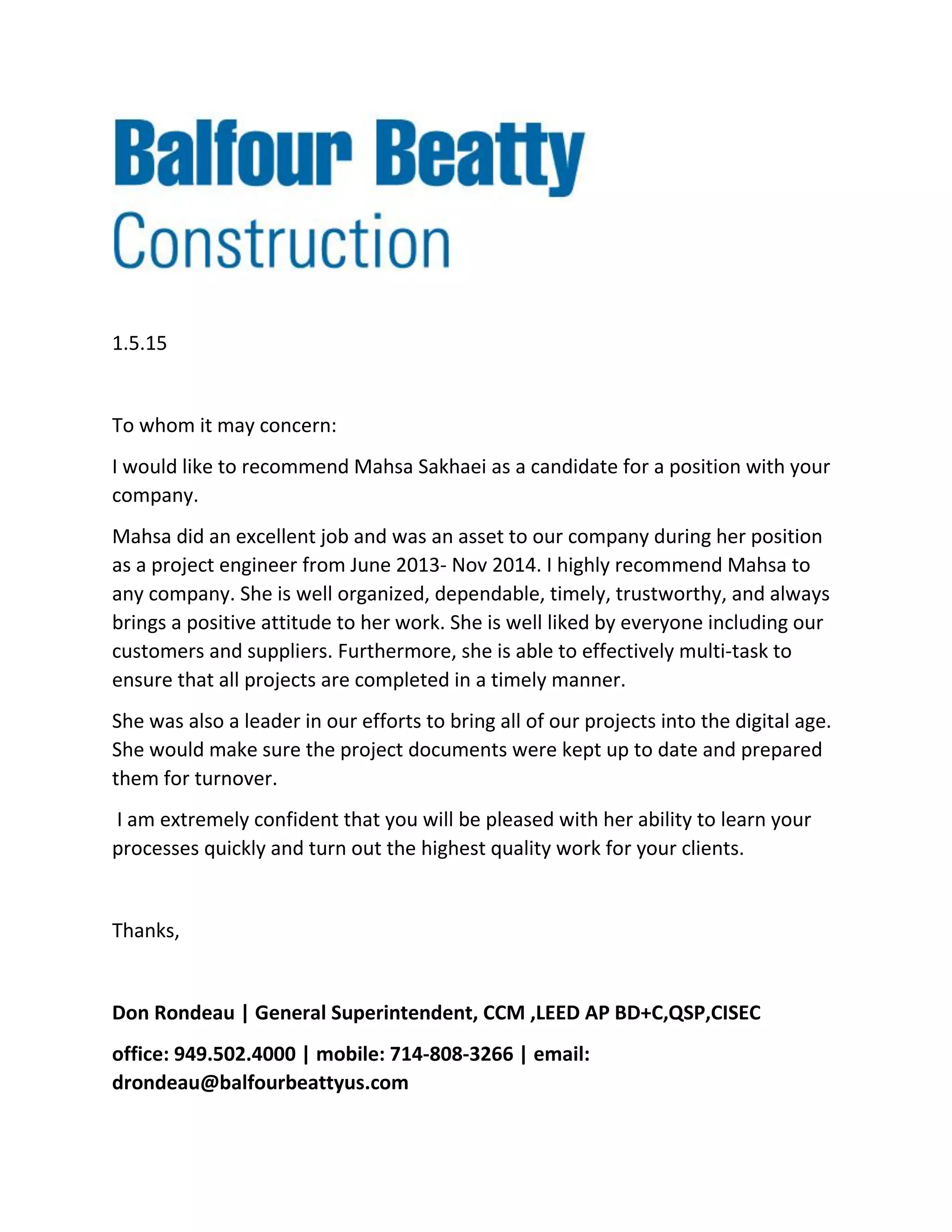 Mahsa Letter of Recommendation | PDF