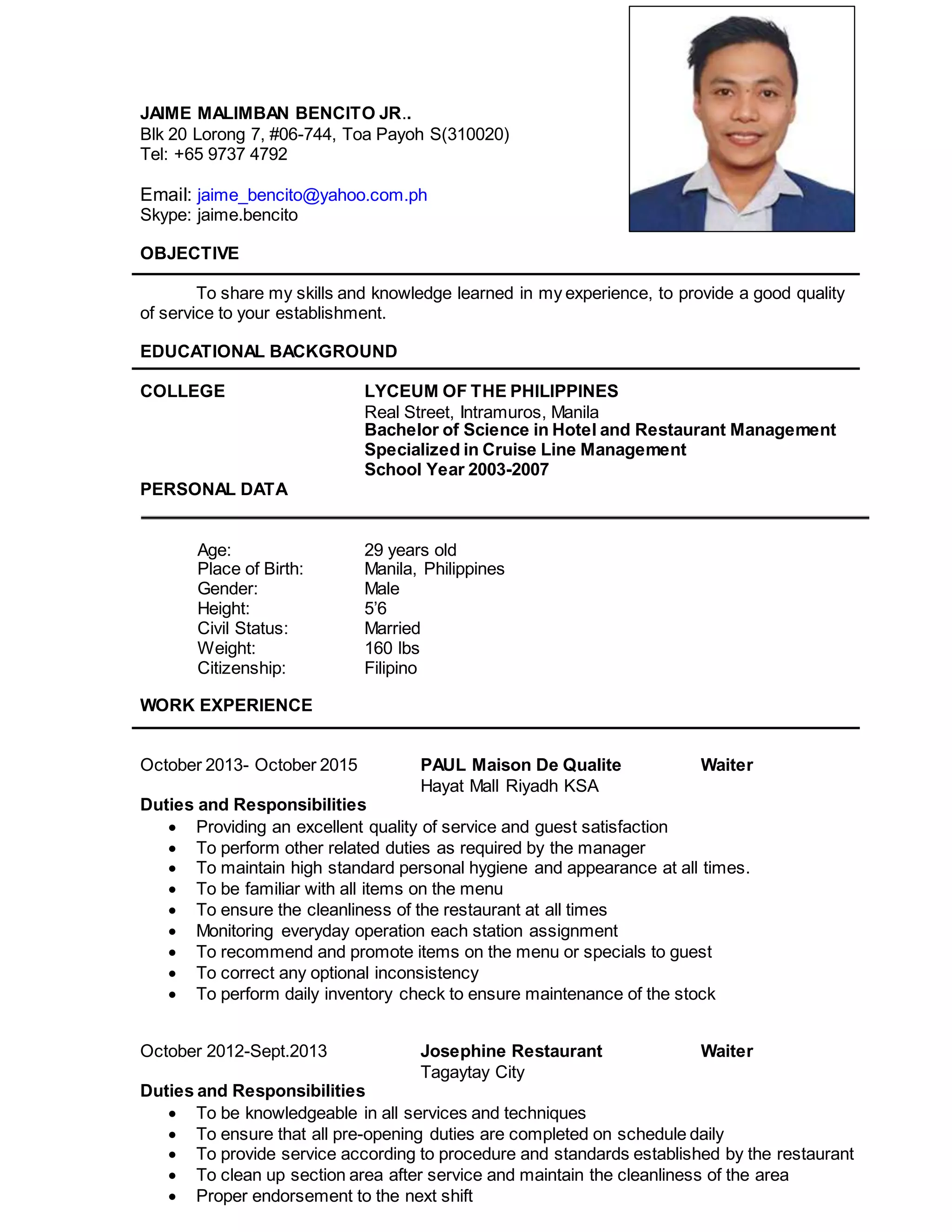 Curriculum Vitae - Jaime Bencito Jr. | DOCX