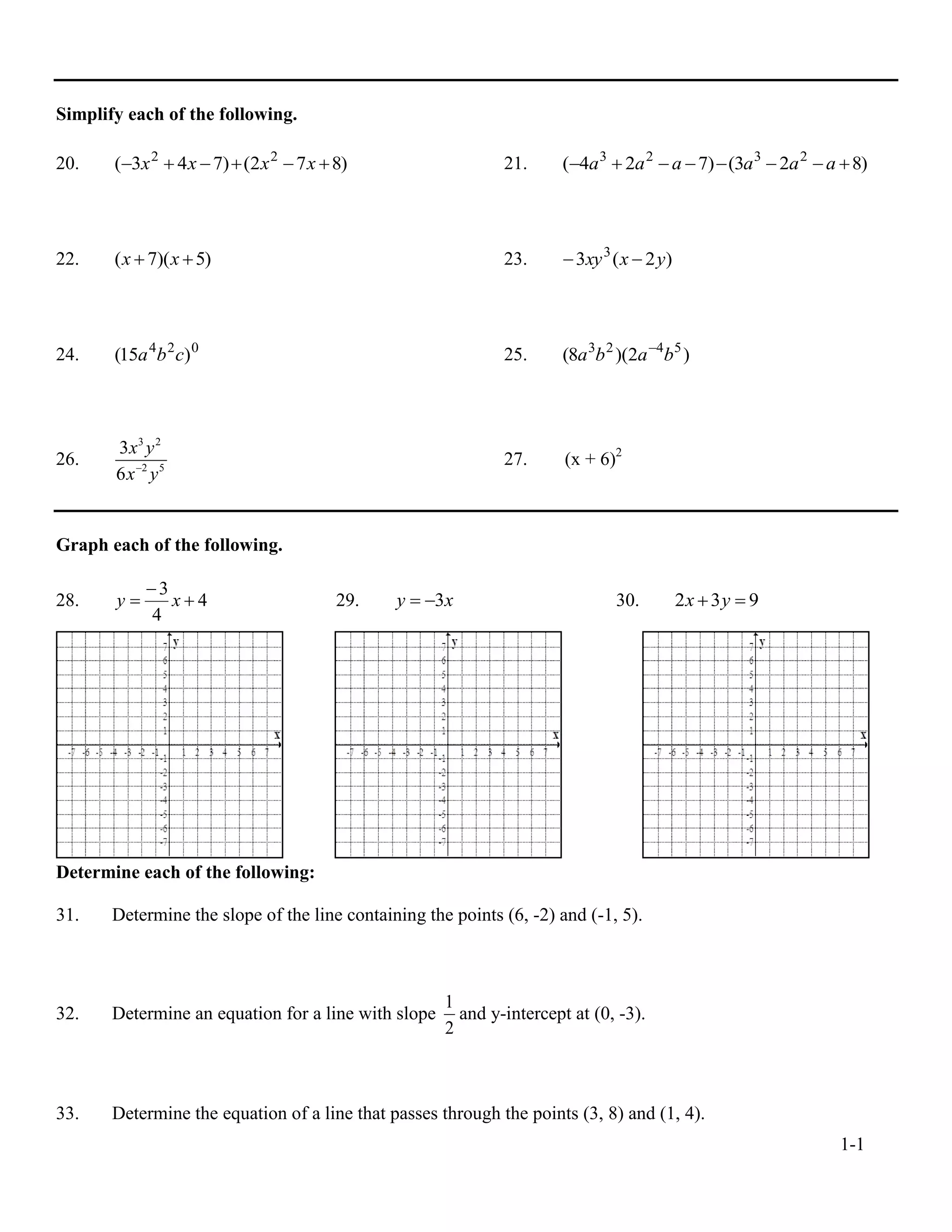 1-1 Algebra Review HW | PDF