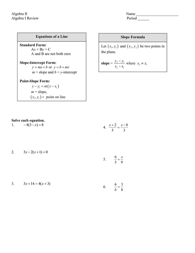 1-1 Algebra Review HW | PDF