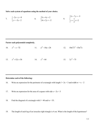 1-1 Algebra Review HW | PDF