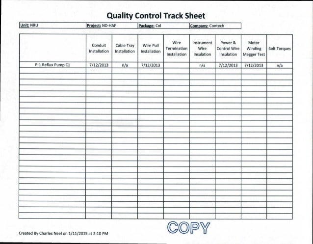 7-12-13 Contech Quality Control Track Sheet 7-12-13 Contech Quality Control Track Sheet