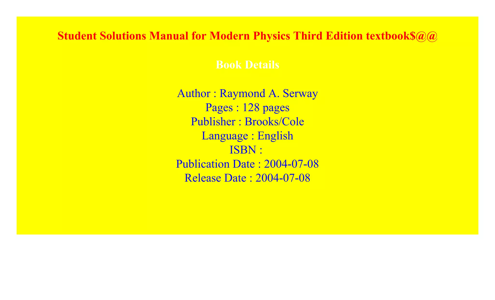 Student Solutions Manual for Modern Physics Third Edition textbook$@@ | PDF