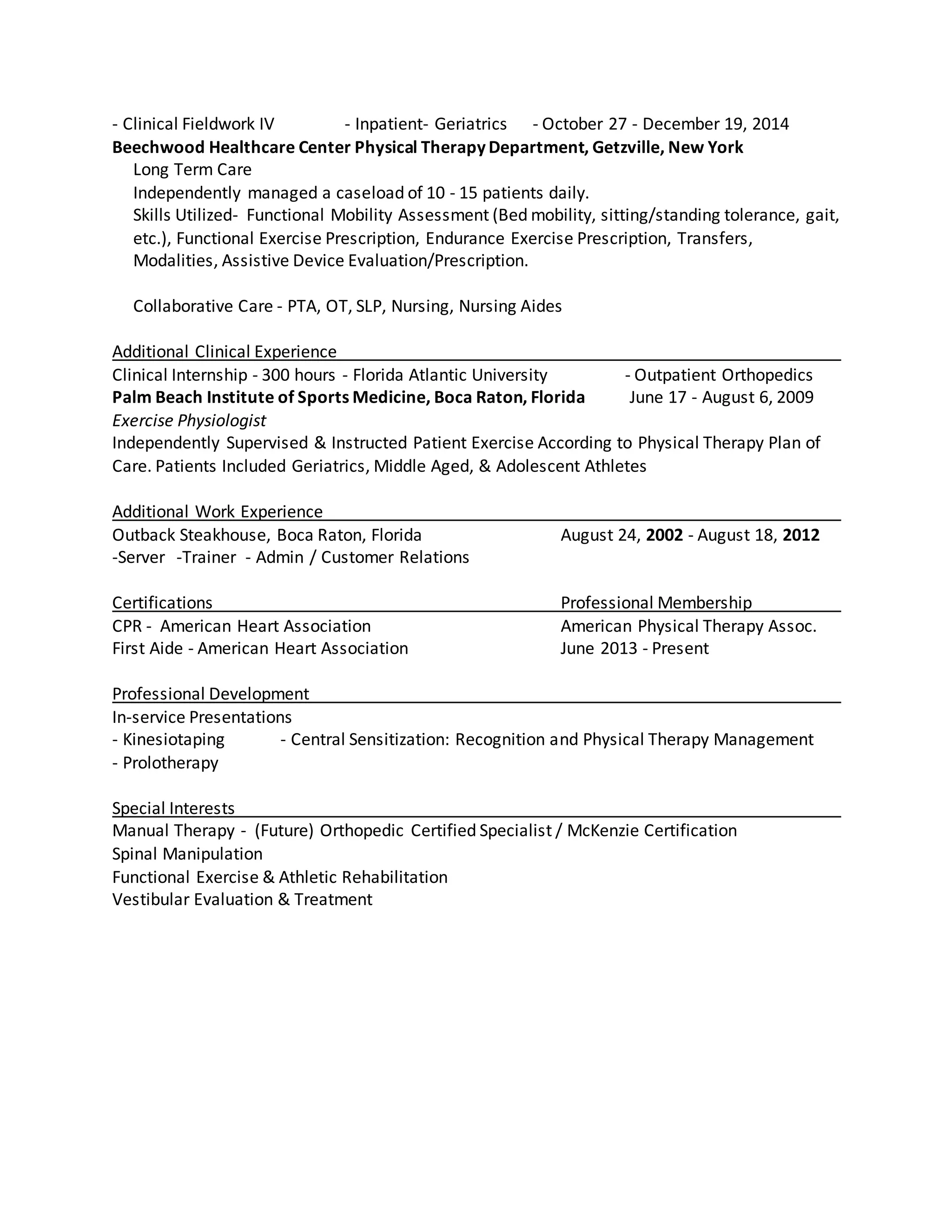 PT DPT outpatient ortho resume | DOCX