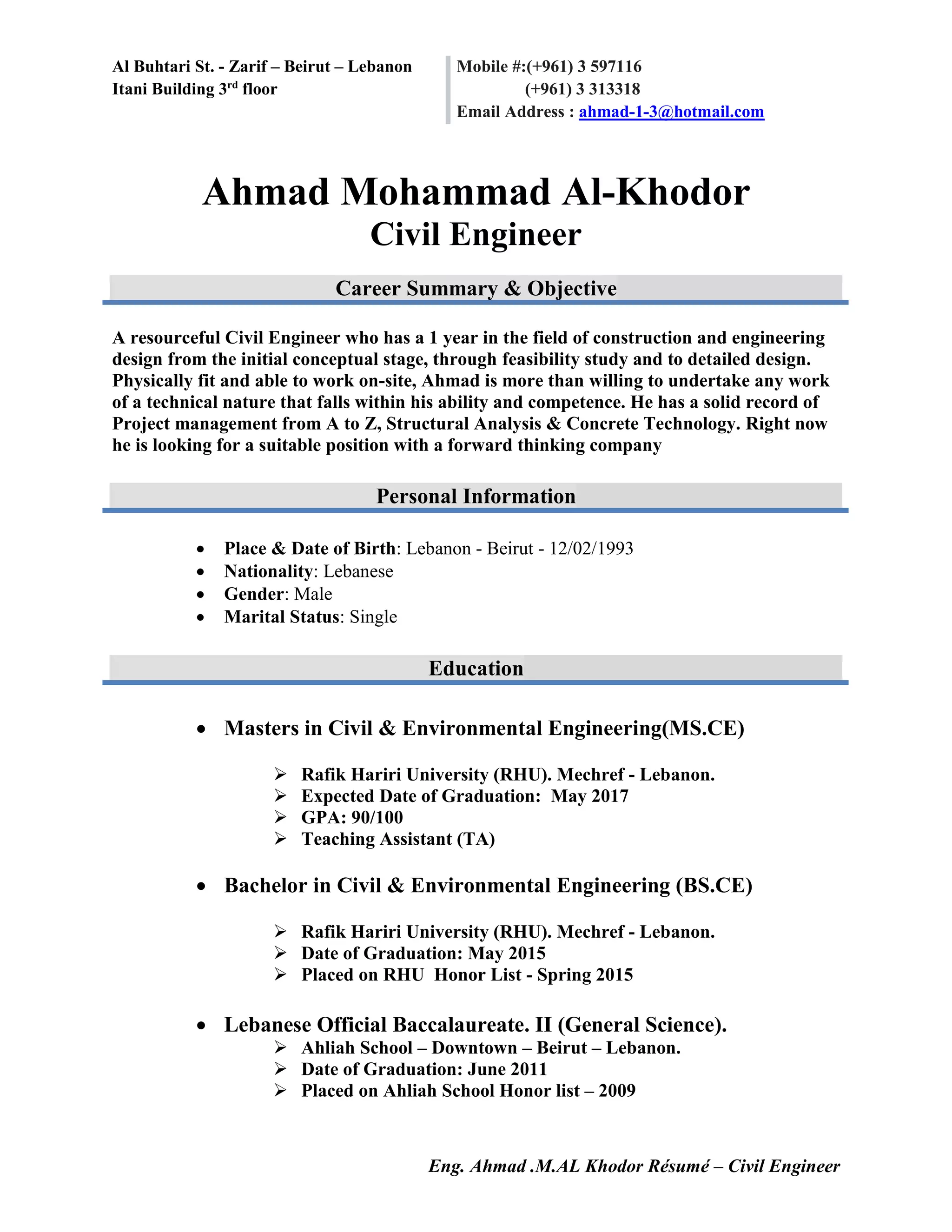 Eng. Ahmad Resume | PDF | Civil Engineering Industry | Industries