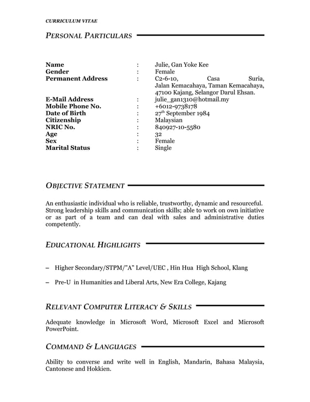 Julie Gan Yoke Kee Resume | PDF