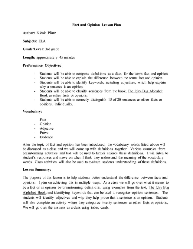 edu 311 fact and opinion Lesson Plan | DOCX | Educational Assessment ...
