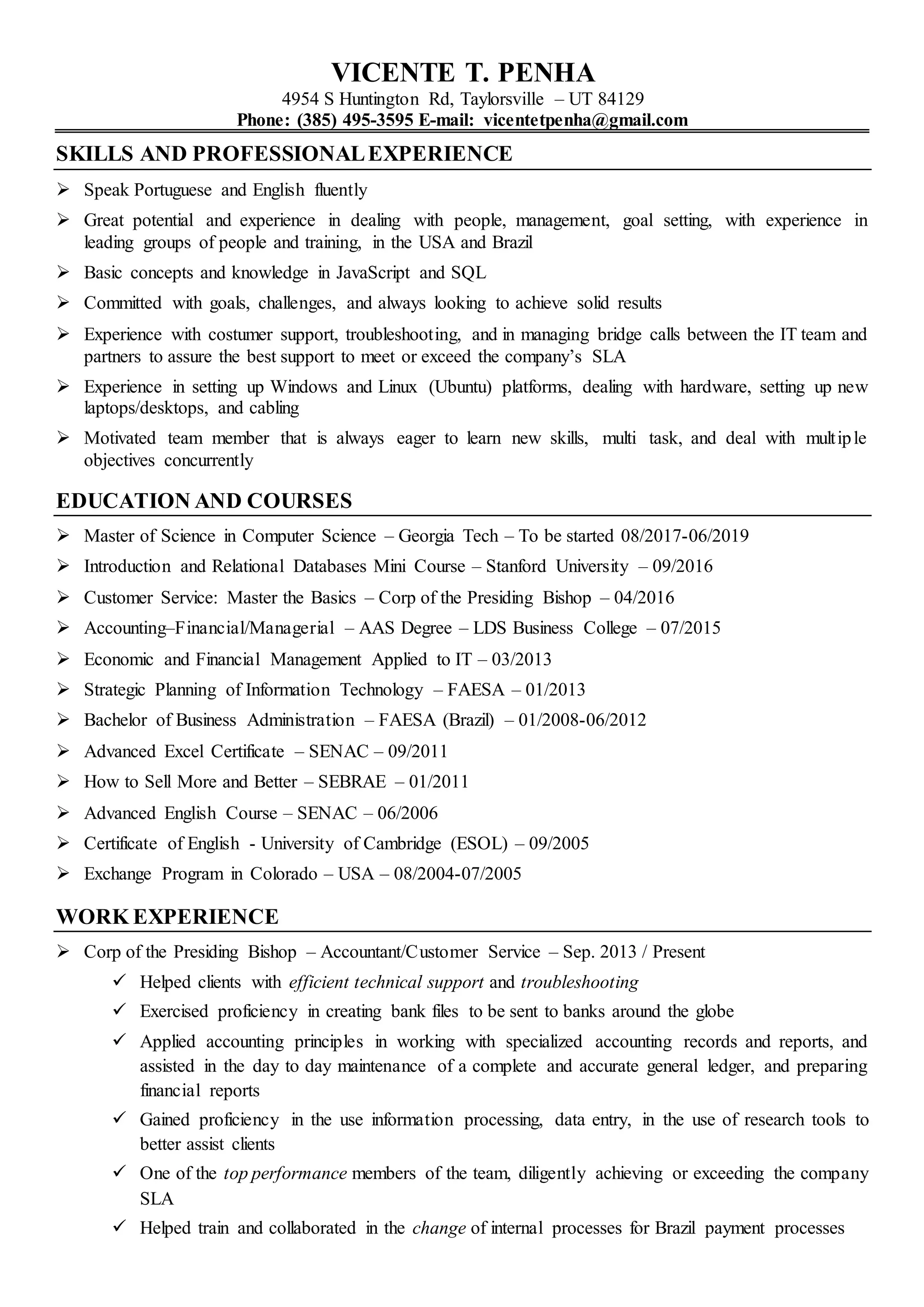 Vicente Tepedino Penha - Resume | DOCX