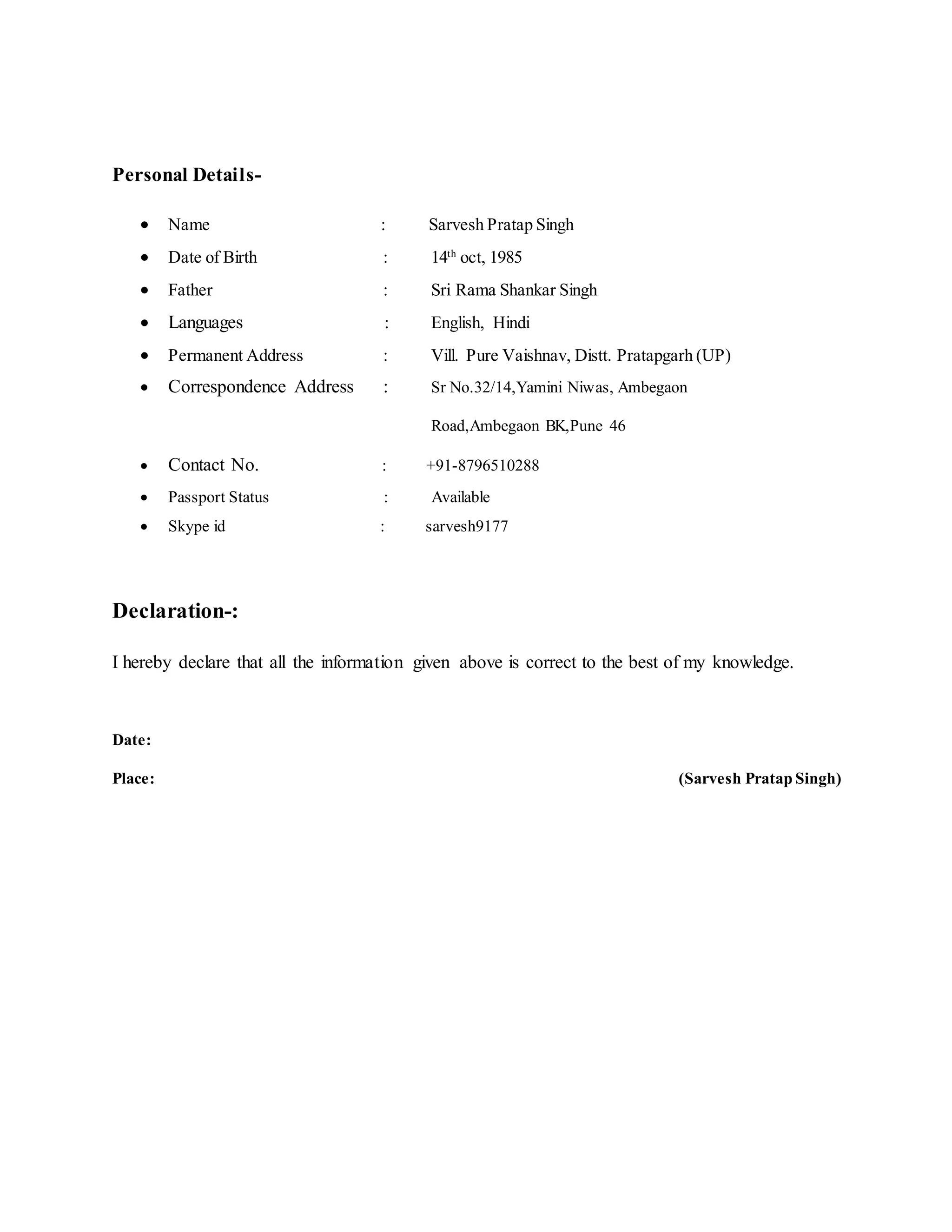 Sarvesh Pratap Singh resume | DOCX