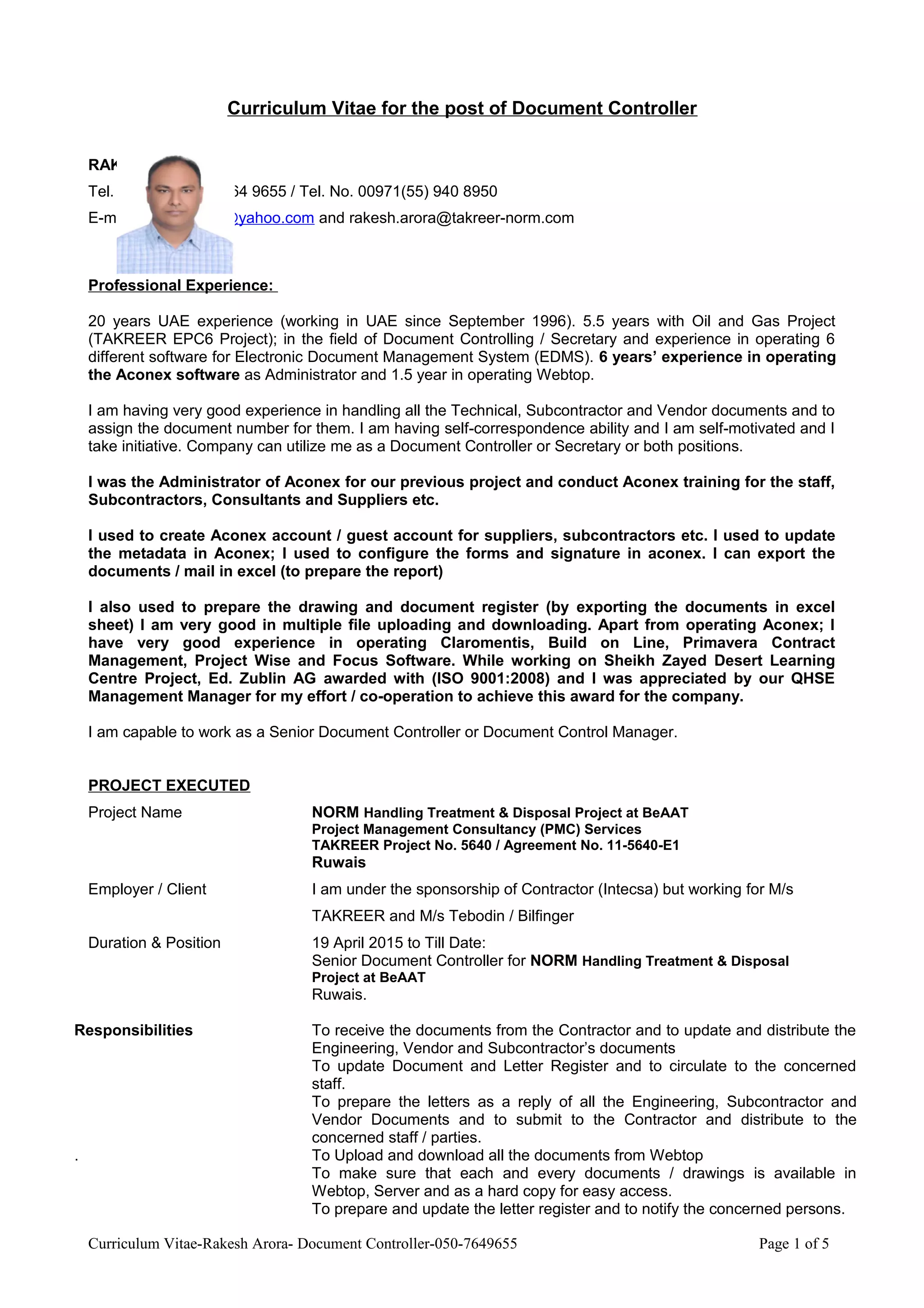 Curriculum Vitae-Document Controller-Total 20 Years UAE Experience (6 ...
