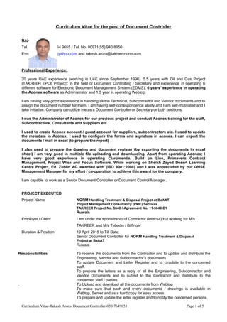 Curriculum Vitae-Document Controller-Total 20 Years UAE Experience (6 ...
