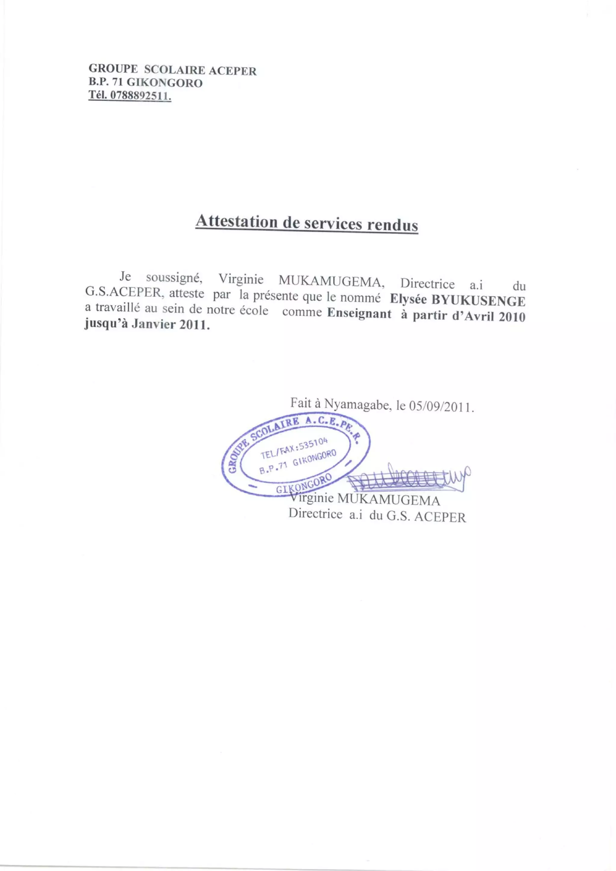 Elysee , Attestation ACEPER | PDF