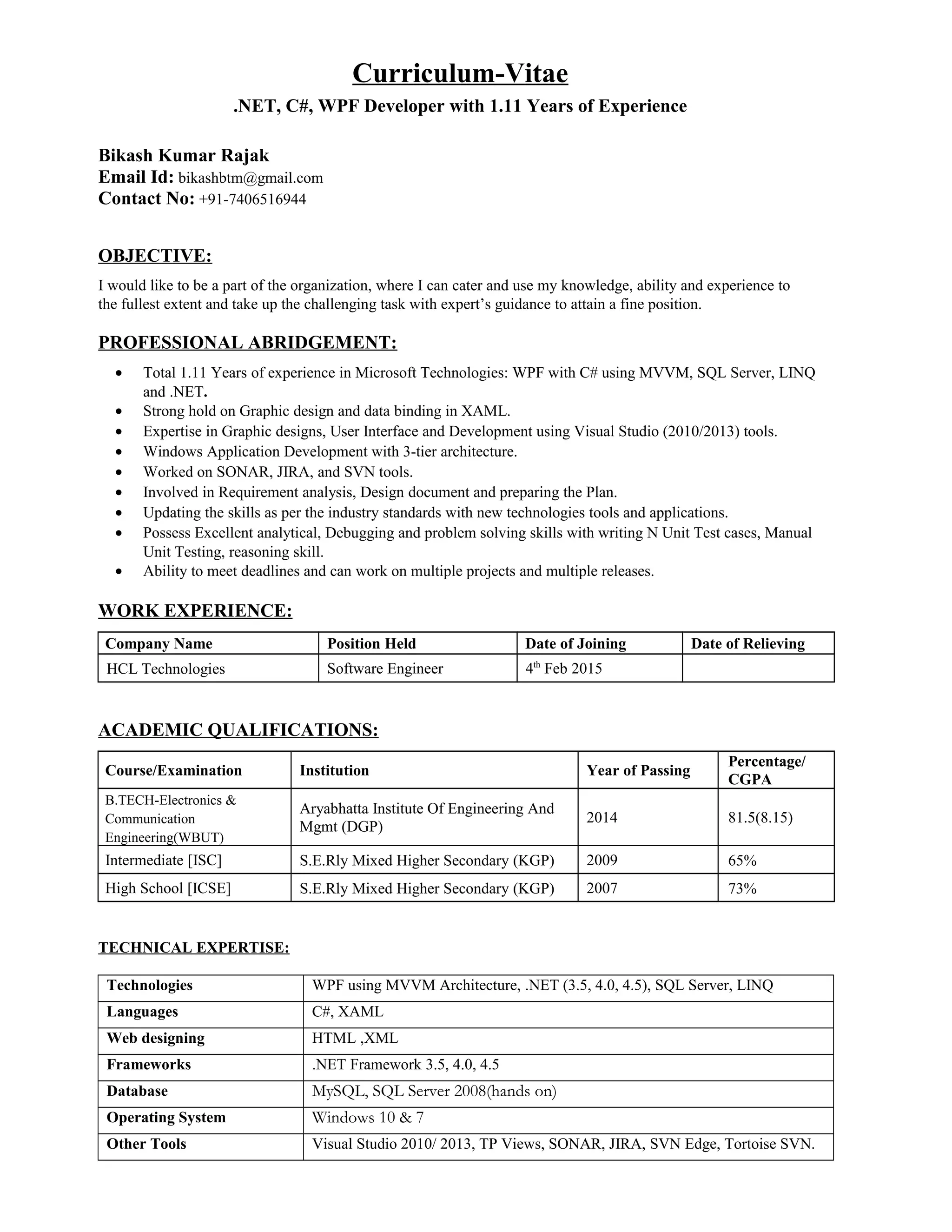 CV_WPF_Developer_Bikash Kumar Rajak | PDF