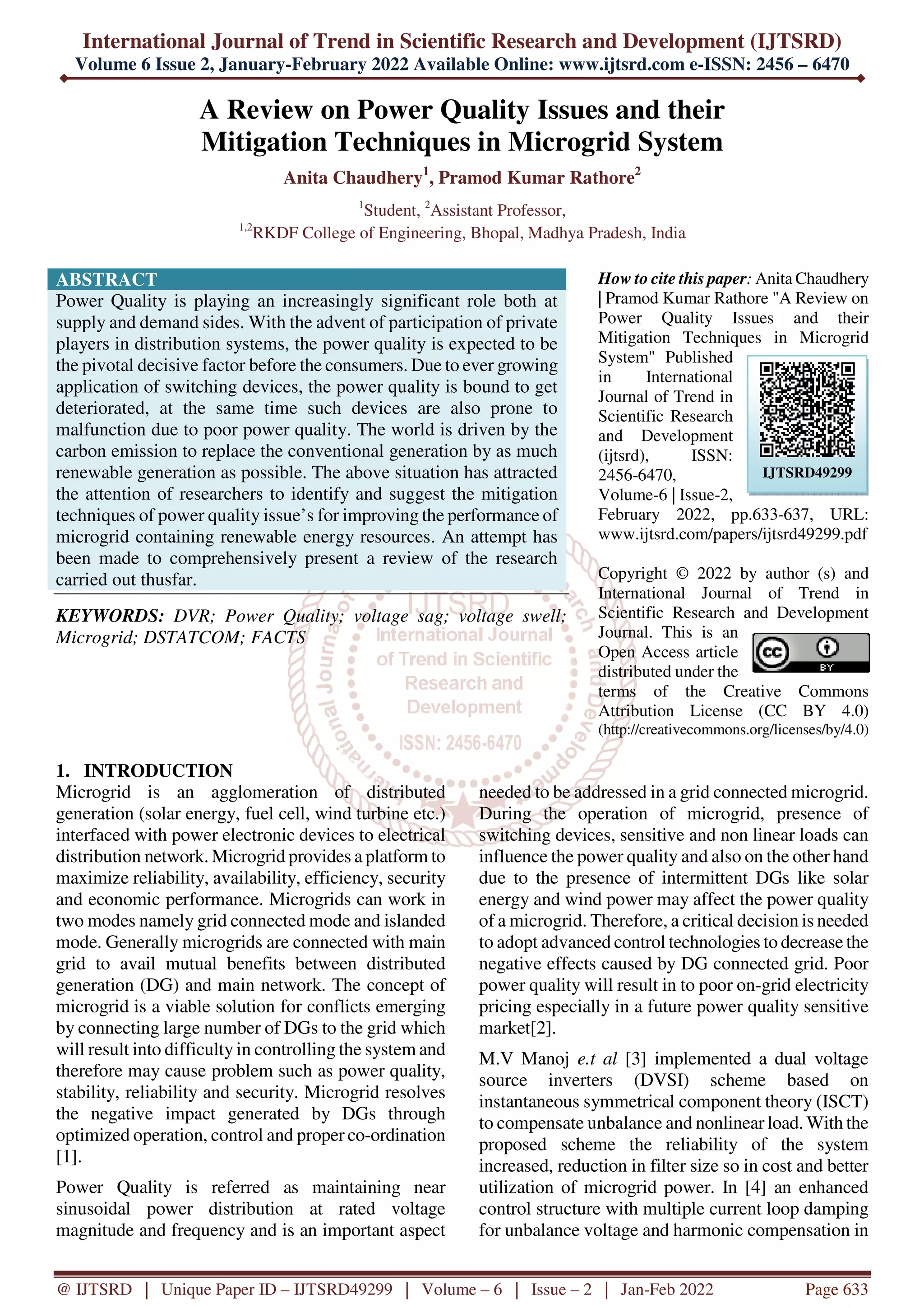 A Review on Power Quality Issues and their Mitigation Techniques in Microgrid System | PDF