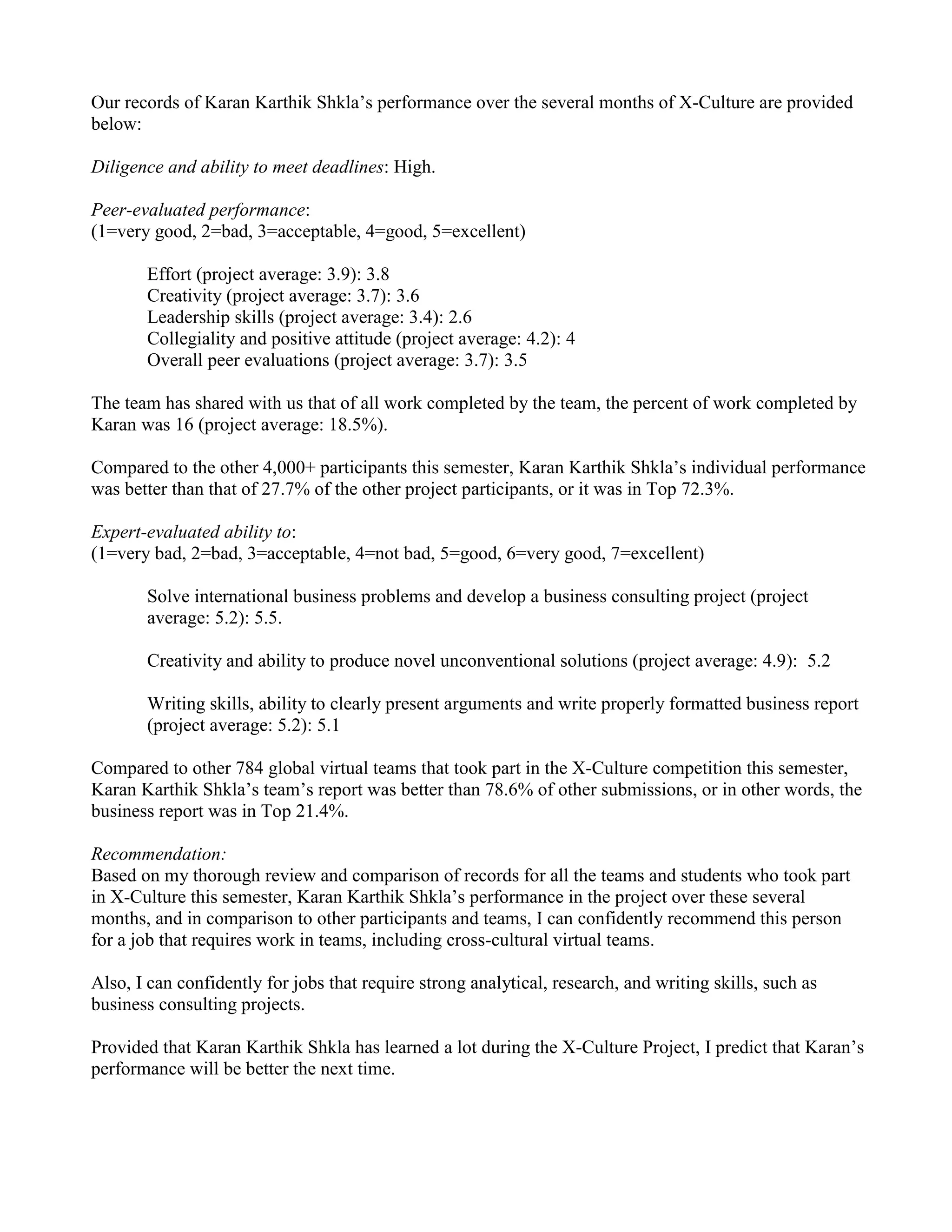 Recommendation letter for Karan Karthik Shkla | PDF